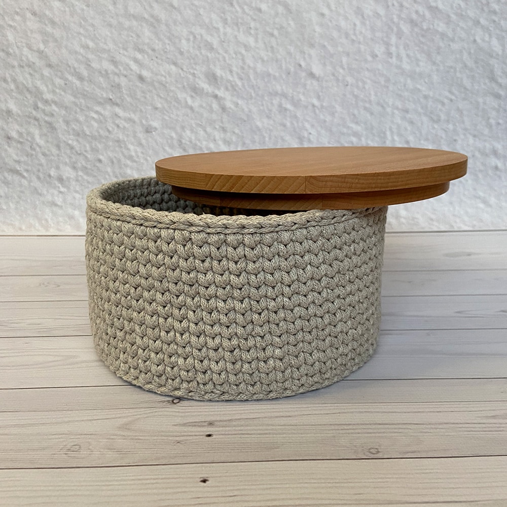 Hand crocheted basket with wooden lid